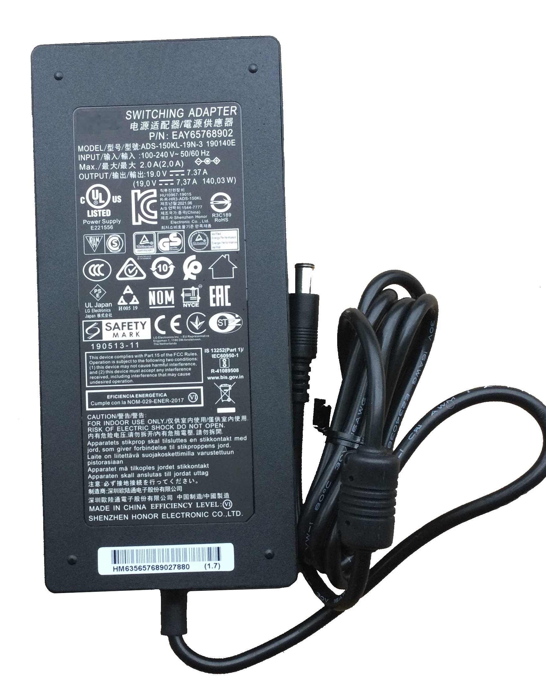 PowerTech AC Adapter - Power Supply for LG 34WN80C-B & 34WN80C Curved UltraWide Monitor, 34W, 5V DC, Black, Barrel Connector