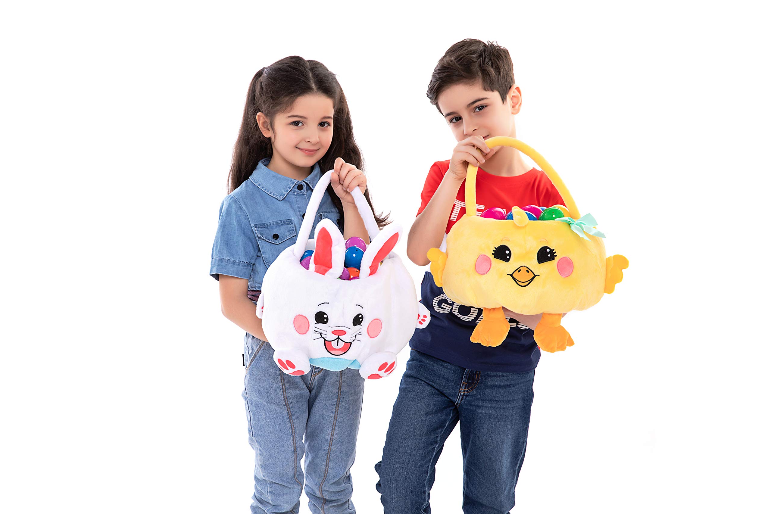JOYIN 2 Packs Easter Plush Basket Set for Easter Eggs Hunt, Easter Bunny Basket Gift Baskets Bags for Kids, Kids Easter Party Favor (Yellow, White)