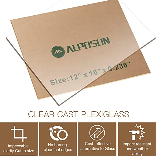 Acrylic Sheets 1/4 inch Thick 12β x 16β, ALPOSUN 2 Pack 6mm Plexiglass Sheets, Glass Alternative for DIY Display Projects, Signs, Display Cases, Shelves, Showpieces, Easy to Cut