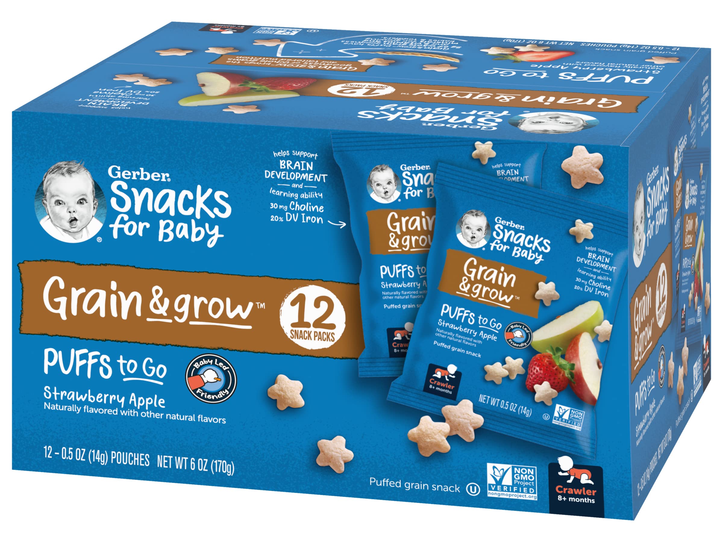 Gerber Snacks for Baby Grain & Grow Puffs To Go, Strawberry Apple, Non-GMO Puffed Grain Baby Snack for Crawlers, Pack of 1 Box