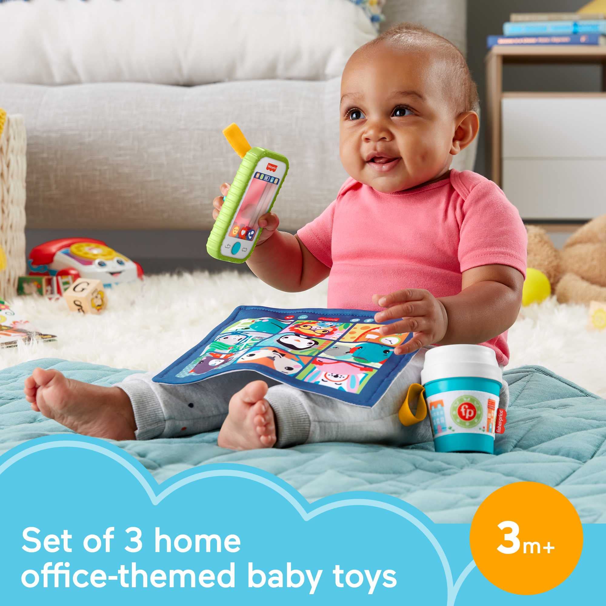 Fisher-Price Work From Home Toy Set, 3 take-along baby toys and teether for infants ages 3 months and up