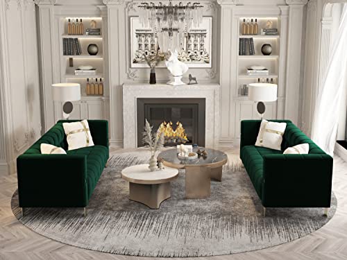 ANTTYBALE 2PCS Mid Century Modern Button Tufted Velvet Living Room Couch Loveseat Sofa with Gold Metal Legs and 2 Throw Pillows, 89 inch (2pcs Green)