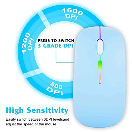 2.4GHz & Bluetooth Mouse, Rechargeable Wireless Mouse for Microsoft Surface Duo Bluetooth Wireless Mouse for Laptop/PC/Mac/Computer/Tablet/Android RGB LED Sky Blue
