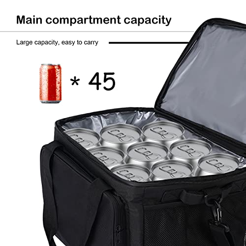 Camping Cooler 45-Can Dual Compartment Large Leakproof Cooler Bag, Large Lunch Cooler Bag, Portable Travel Cooler Double Layer for Picnic, Beach,Grocery Shopping,Camping,Kayaking,Road Trips(Black)