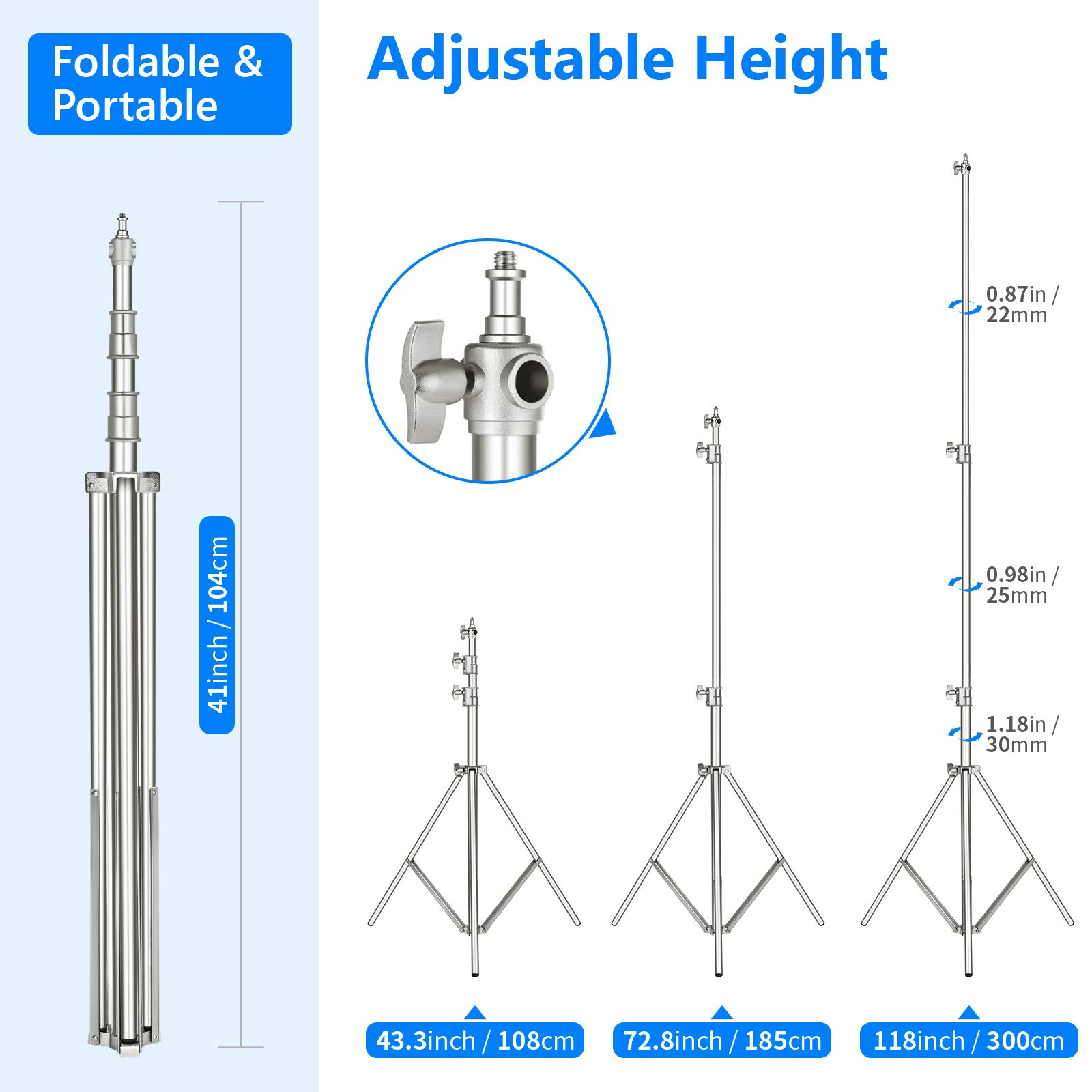 Neewer 118"/3m Stainless Steel Light Stand, Spring Cushioned Heavy Duty Photography Tripod Stand with 1/4” to 3/8” Universal Screw Adapter for Strobe, LED Video Light, Ring Light, Monolight, Softbox