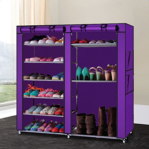 6 Tier Shoe Rack with Dustproof Cover, 30 Pairs Portable Vertical Double Row Shoe Rack Storage Organizer with Nonwoven Fabric Cover Cabinet for Closet & Entryway, Purple