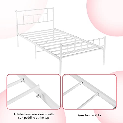 4 EVER WINNER Twin Metal Bed Frames, 14 Inch Twin Bed Frames with Headboard and Footboard, Platform Bed Frame with Storage, No Box Spring Needed, Mattress Foundation, Easy Assembly. White