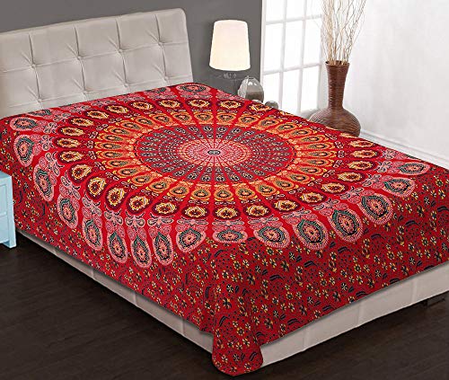 SHIRANYA Red Queen Indian Mandala Tapestry Wall Hanging for Bedroom Bohemian Floral Design Cotton Bedspread Throw Blanket Decorative (84x90 inches/213x229 cm)