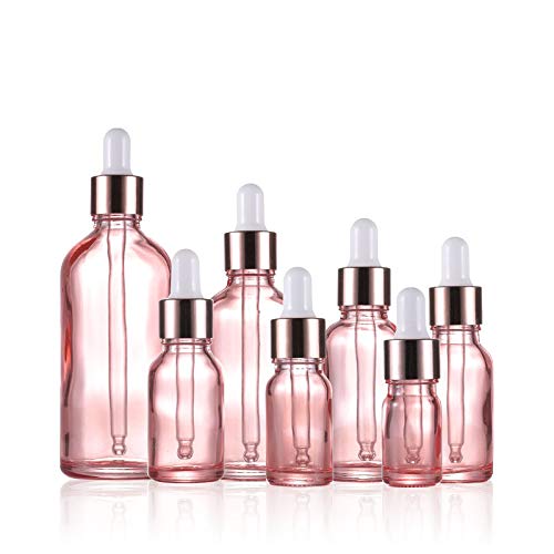 6 Pcs,1.7 Oz Pink Glass Dropper Bottle for Essential Oils,Empty Glass Eye Dropper Bottle Holder With Glass Reagent Pipette,Rose-Golden Caps Perfume Travel Vial Container-FREE Pipette,Funnel included