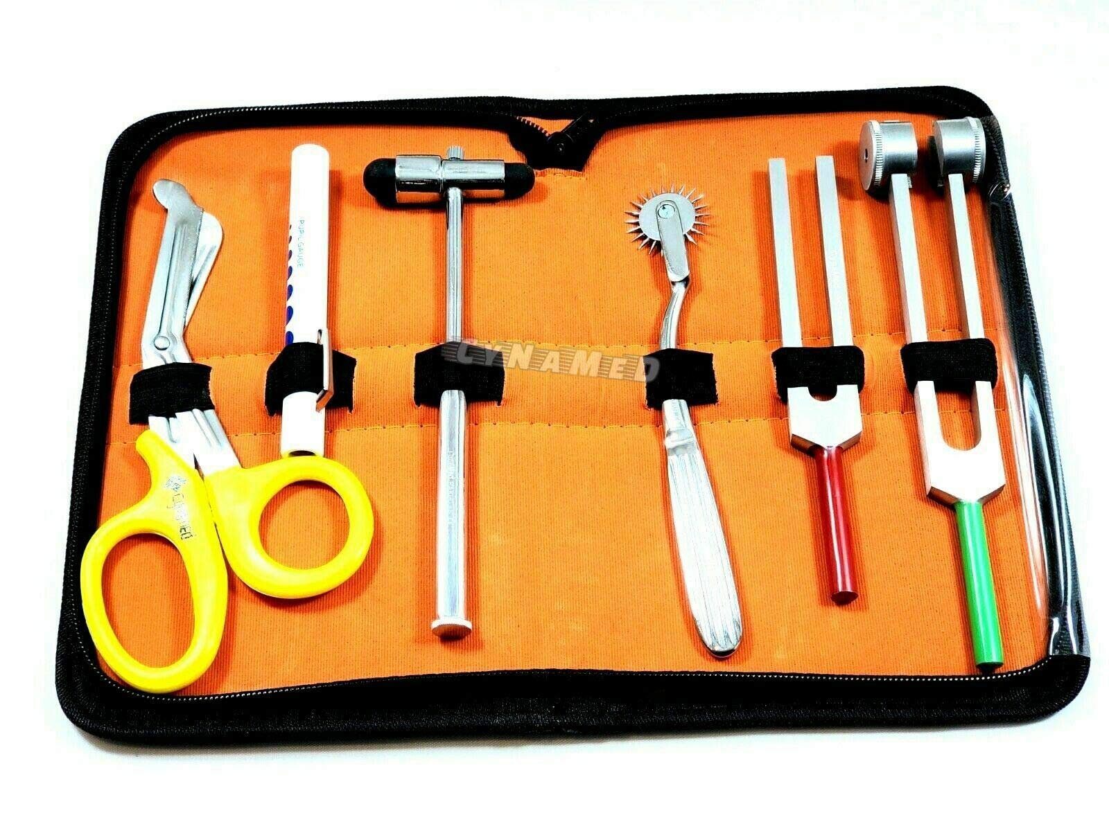 6 Piece Student Diagnostic Kit - Reflex Hammer and Tuning Fork Set C 128 and C 512. Includes Wartenberg Pinwheel, Penlight and Bandage Scissors 7.5”