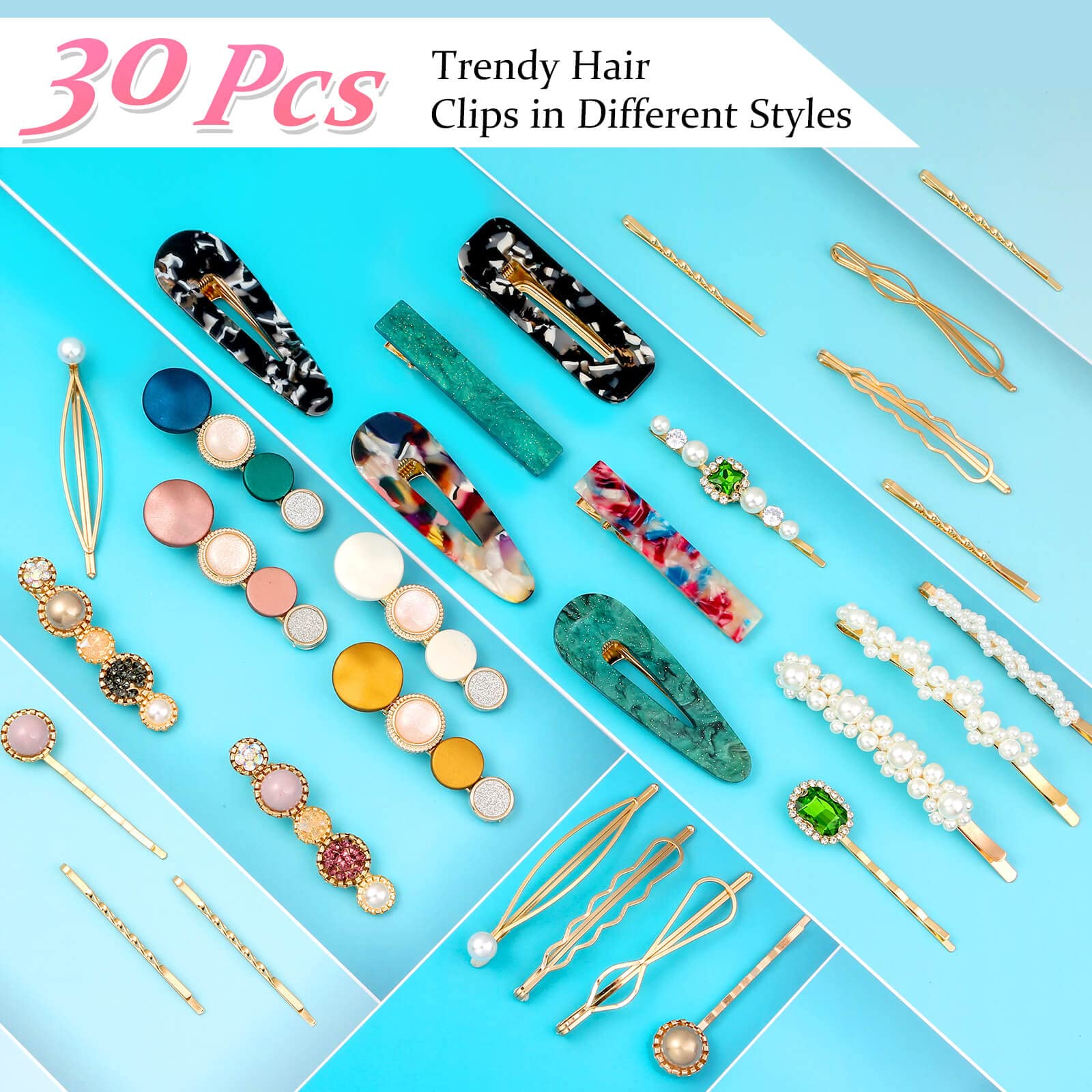 30 Pcs Acrylic Resin Barrettes, Cridoz Barrettes and Pearl Hair Clips for Women, Banges Hair Accessories