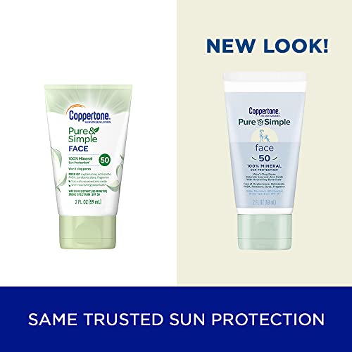 Coppertone Pure & Simple For Face SPF 50 Sunscreen Lotion, Zinc Oxide Mineral Sunscreen Lotion, Water Resistant, Hypoallergenic, Travel Size 2 Ounce