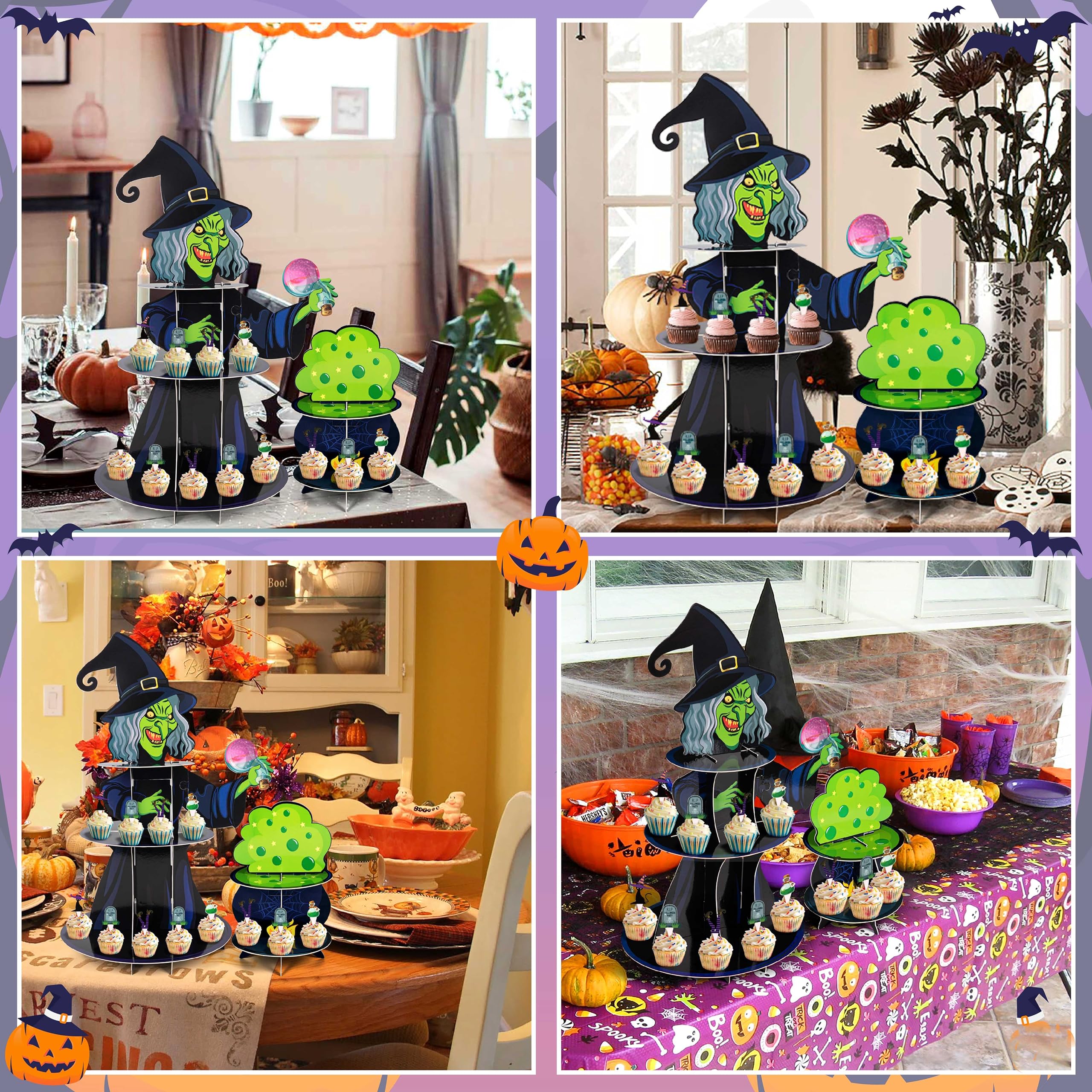 2 Set Halloween Witch Cupcake Stand Decorations, 3 - Tier Cardboard Cauldron Tray Holder Plus 24 Cake Toppers Birthday Party Supplies Decor(Assembly Needed)