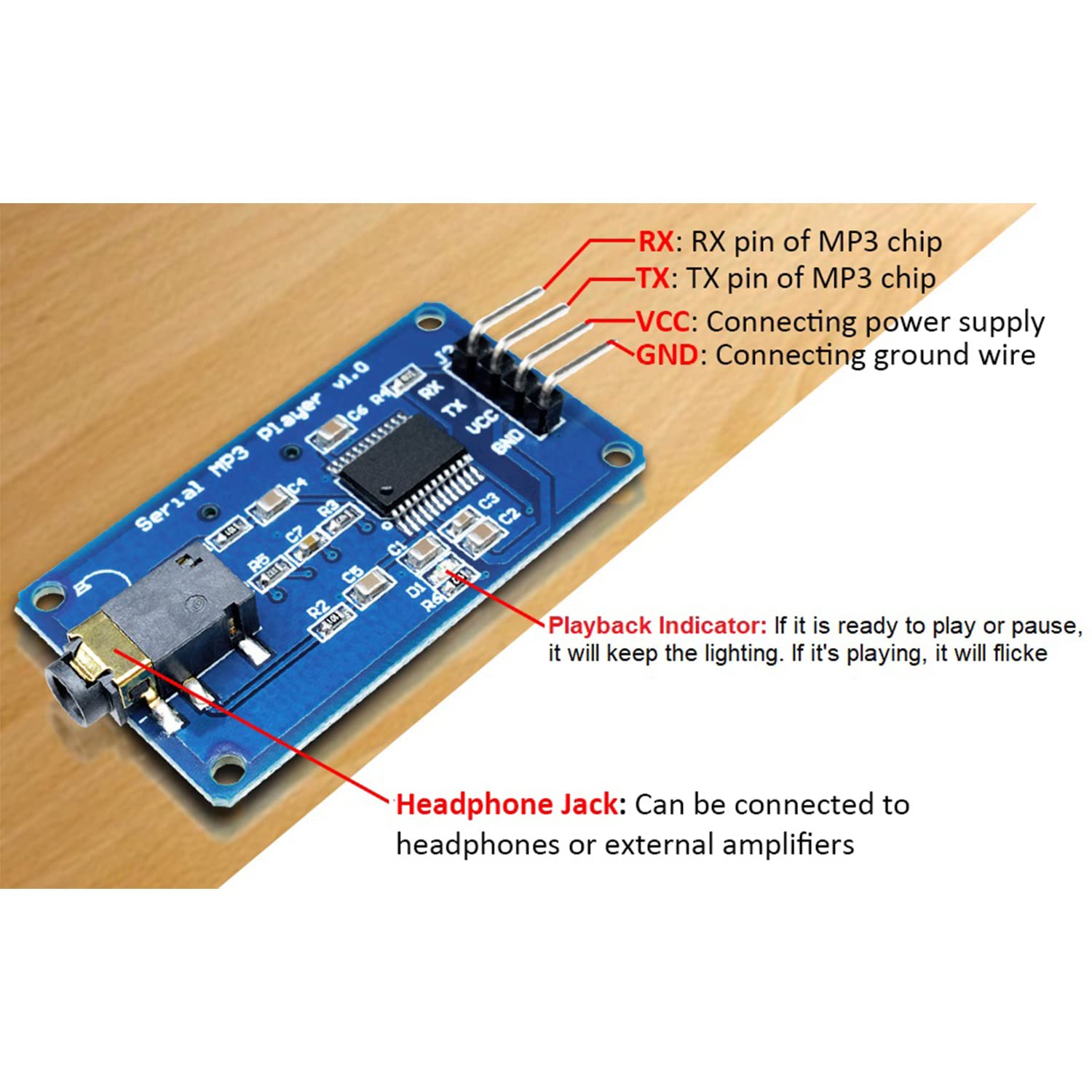 Aideepen YX5300 UART Control Serial MP3 Music Player Module Support MP3 / WAV Micro SD/SDHC Card/AVR/ARM/PIC
