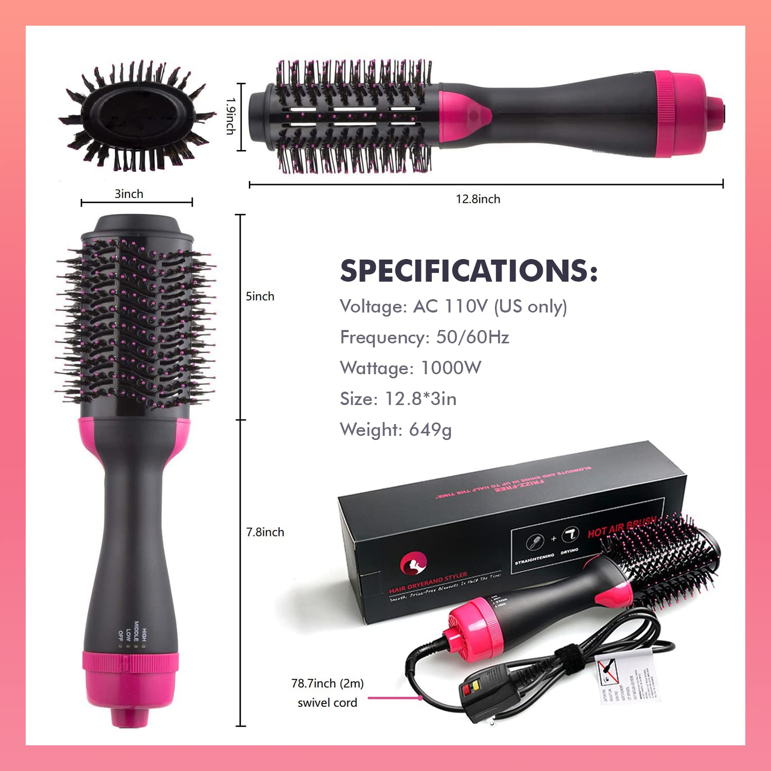 Blow Dryer and Styler Brush - Multi-function Hot Air Volumizer with Negative Ion Anti-Frizz, Ceramic Titanium 75 MM Oval Barrel