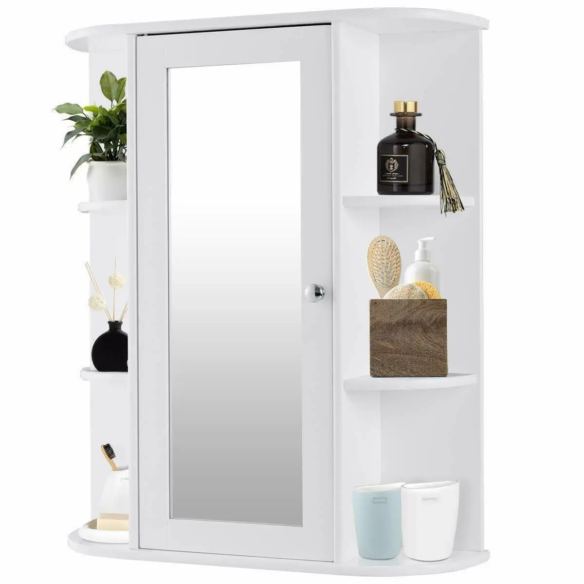 3 Tier Outside Bathroom Wall Mirror Cabinet, 6 Open Shelves Toilet Cabinet Multipurpose Storage Organizer ,White