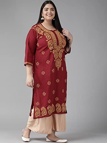 Ada Hand Embroidered Indian Traditional Chikan Women's Cotton Kurti Kurta Tunic Dress A188266 (XL, Maroon)
