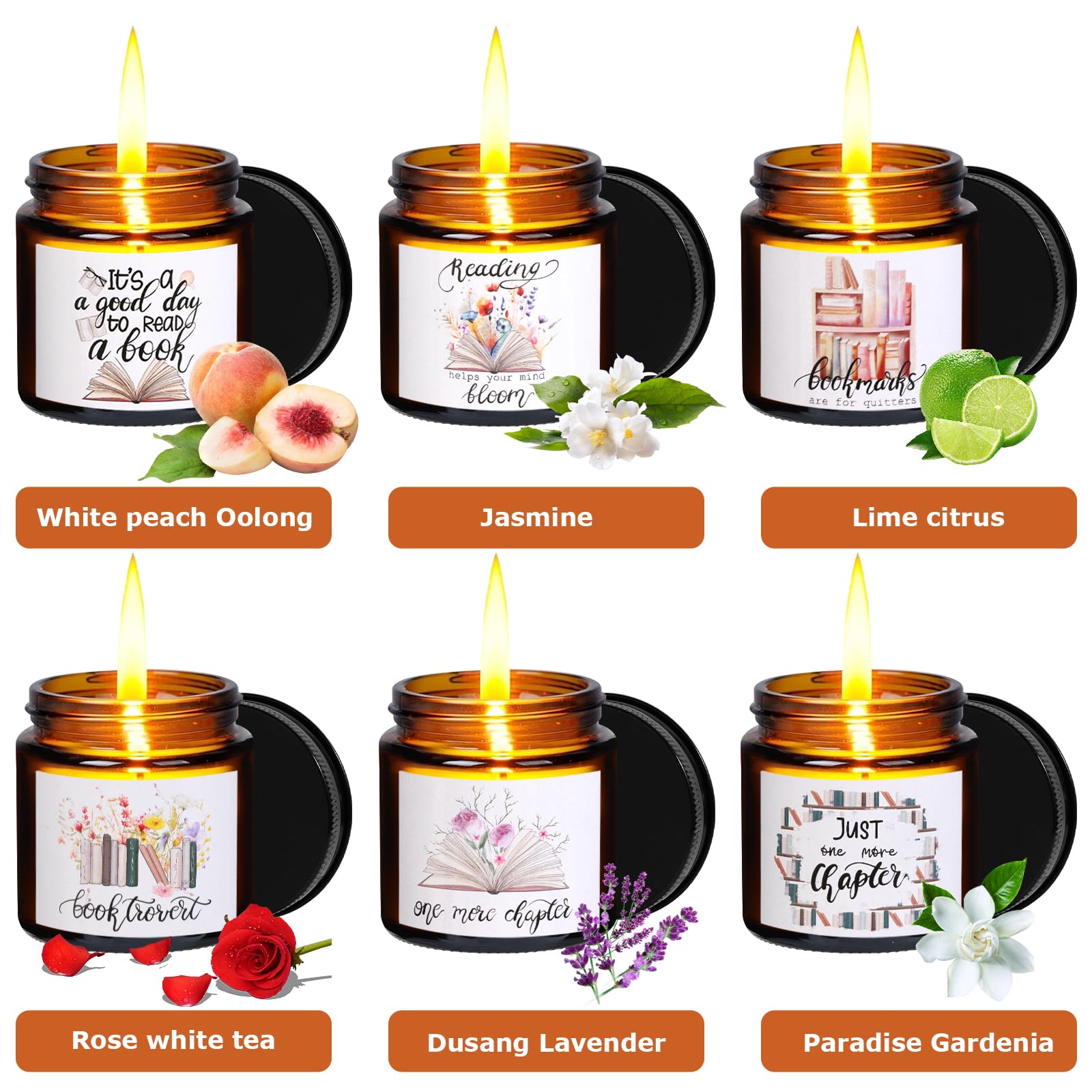 6 Pieces Book Lover Scented Candle 4oz Readers Candle Library Lovers' Day Gifts Soy Wax Jar Candle for Readers Book Lovers Librarian Gifts