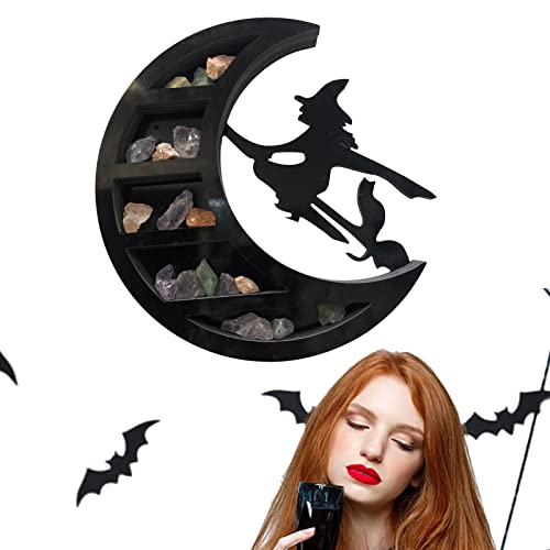 A/R Witch on The Moon Crystal Shelf, Wooden Crystal Display Shelf PVC Moon Shelf Black Witch Design Crystal Display Shelf Gothic Decorations for Living Room