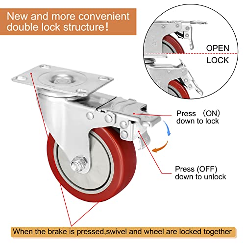 4 inch Heavy Duty Casters Load 1800lbs,Lockable Bearing Caster Wheels with Brakes,Swivel Casters for Furniture and Workbench,Set of 4 (Free Screws)