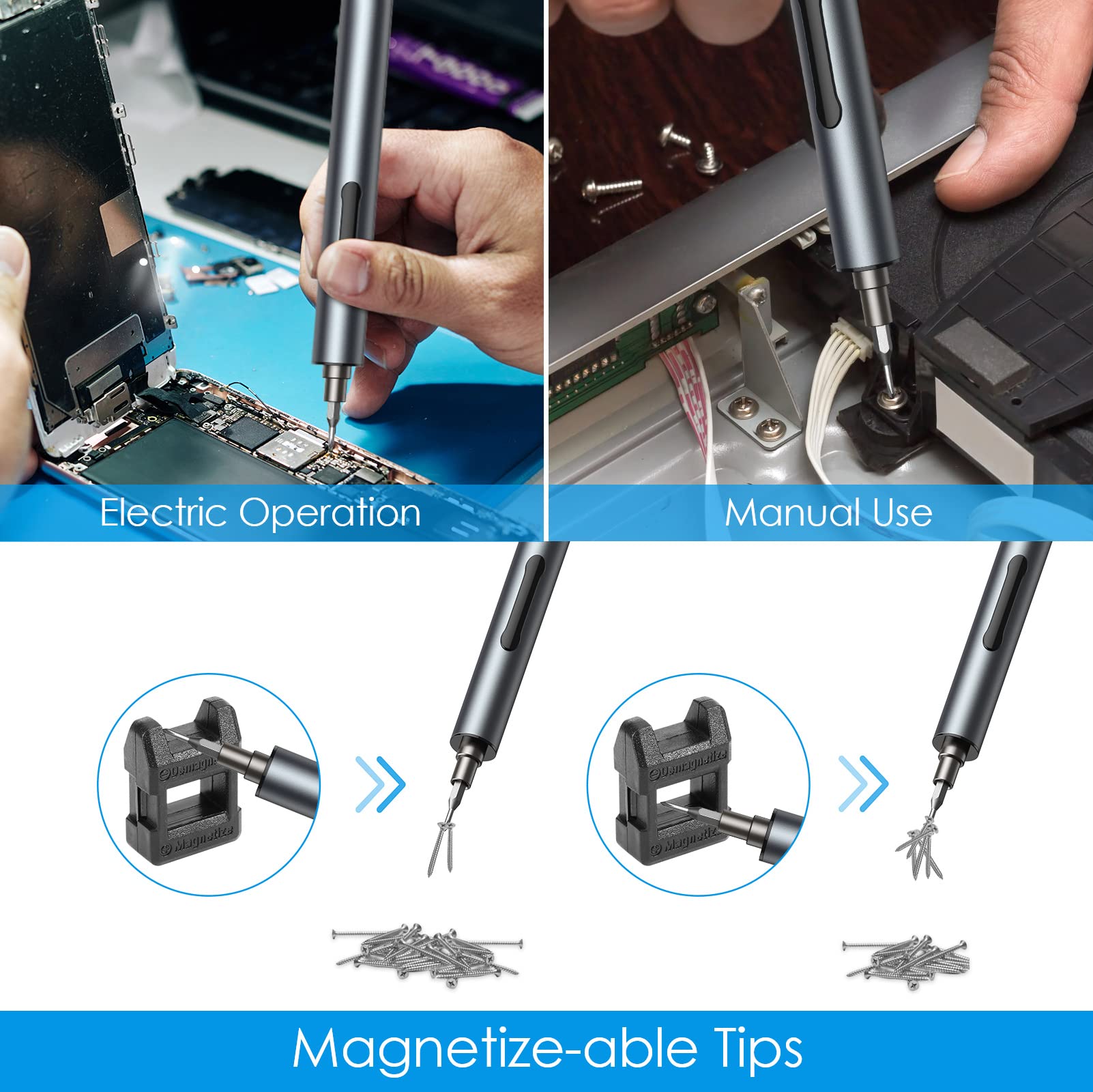 AMIR Mini Electric Screwdriver, 57 in 1 Rechargeable Power Screwdriver Set Magnetic Repair Tool Kit with 3 LEDs & USB Cable for Phone, Watches, Toys, Laptops, Camera