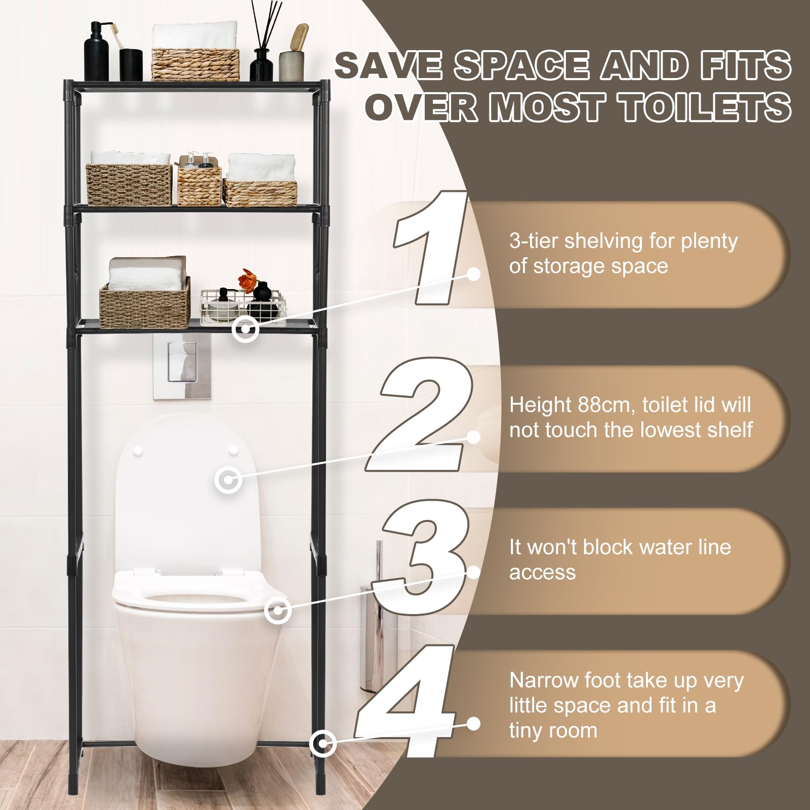 3 Tiers Over the Toilet Storage Rack Multifunctional Over Toilet Shelf Organizer Large Capacity Bathroom Storage Shelf Organizer Easy Assembly Bathroom Space Saver Shelf for Bathroom Restroom Laundry/