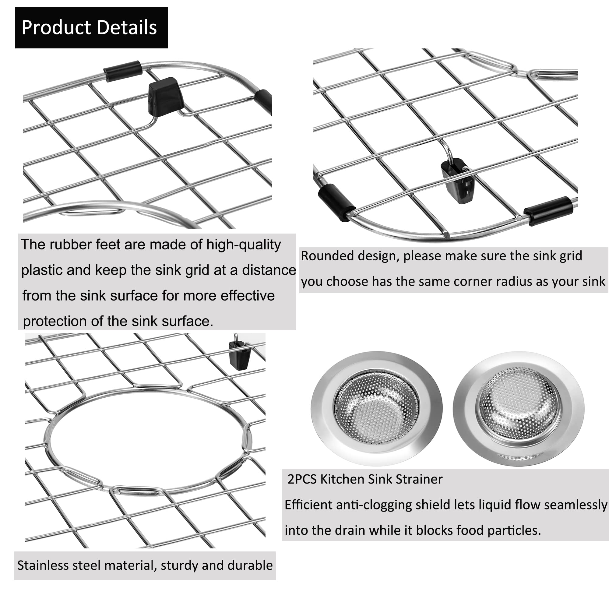 4 Pack Sink Protectors for Kitchen Sink with Center Drain Hole, 13.7"x11.6" Stainless Steel Kitchen Sink Bottom Grid 2pcs with 2pcs Sink Strainers (Silver)
