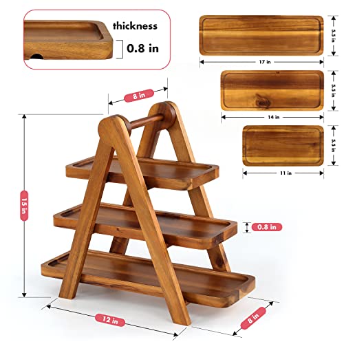 3 Tier Serving Tray Can Collapsible, Acacia Wooden Cupcake Stand Three Tiered, Tier Serving Stand with 3 Acacia Wooden Serving Platters for Entertaining, Rustic Wood Tray Vintage Party Buffet, Cupcake