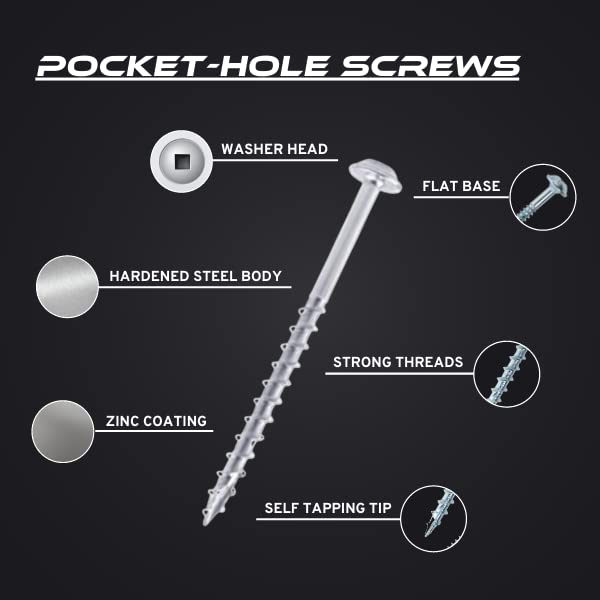 Massca Pocket-Hole Screw Self-Tapping Zinc Plated Screw – 1”, 1-1/4” Fine-Thread & 1”, 1-1/4”, 1-1/2”, 2”, 2-1/2” Coarse-Thread Washer Head Wood Screws. (2-1/2" Coarse)