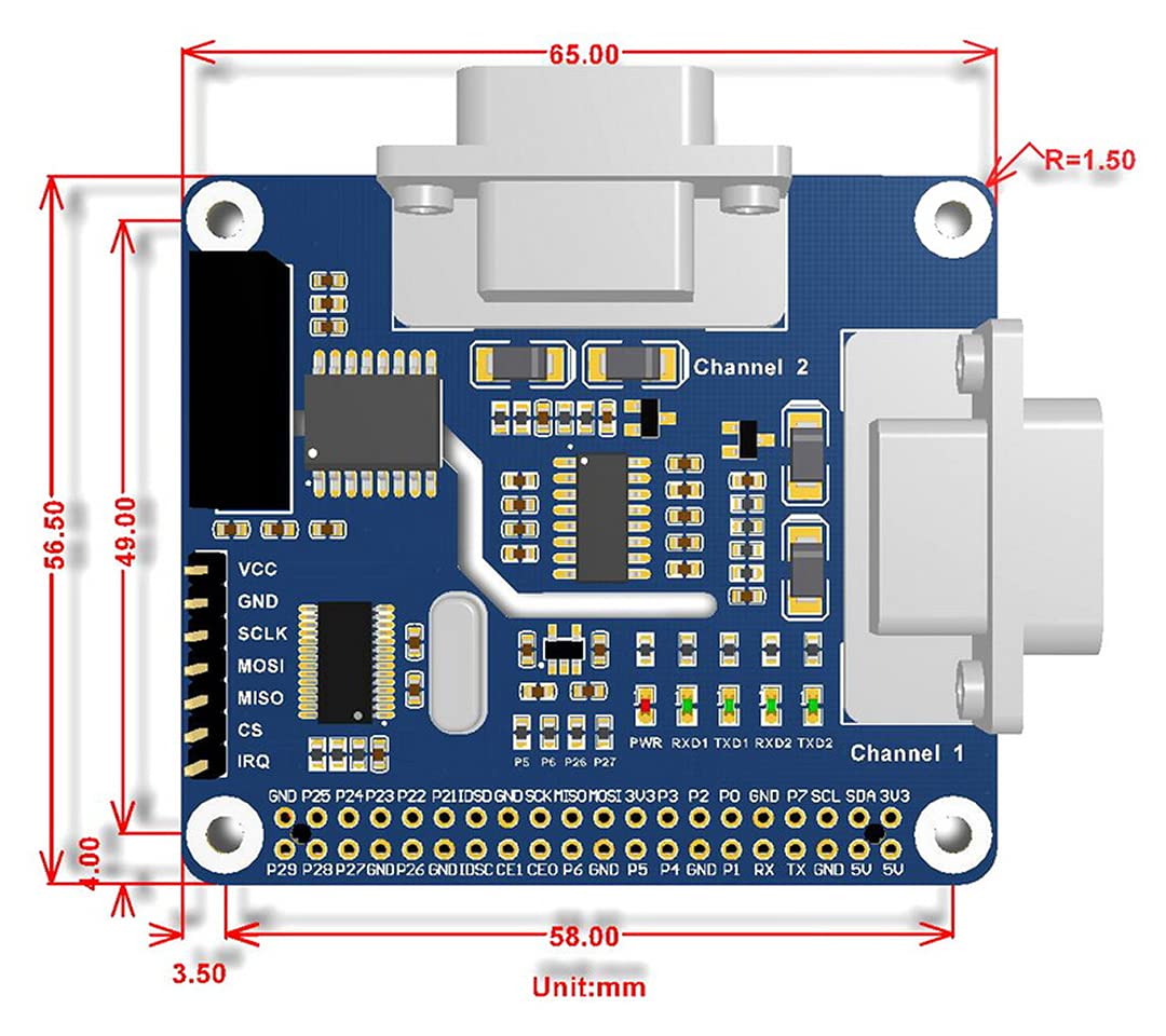 Waveshare 2-Channel Isolated RS232 Expansion HAT for Raspberry Pi SC16IS752+SP3232 with Protection Circuits Power Supply Isolation ADI Magnetical Isolation and TVS Diode