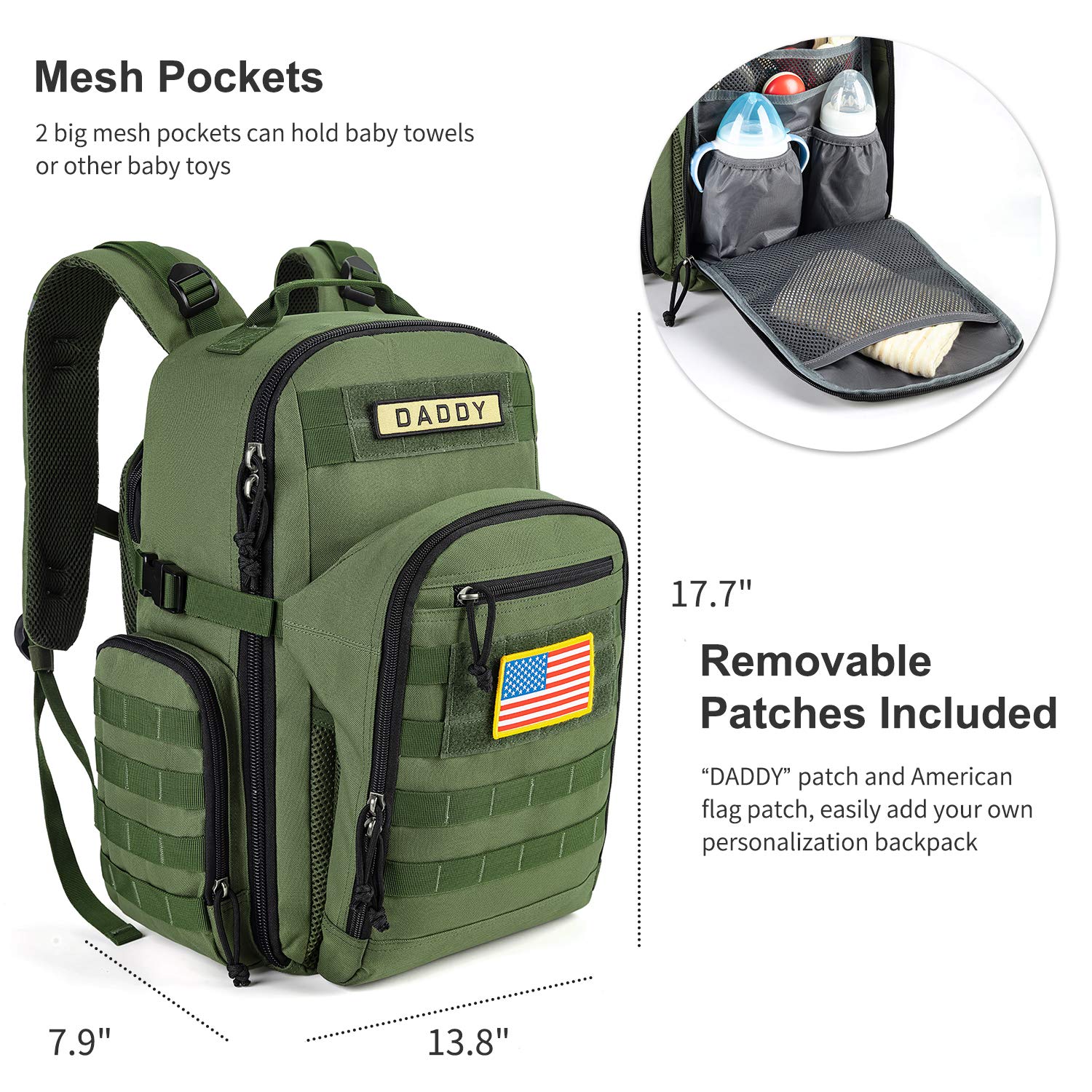 espidoo Diaper Bag Backpack for Dad, Military Tactical Backpack with Molle System, Large Travel Bag Backpack for Men, Black