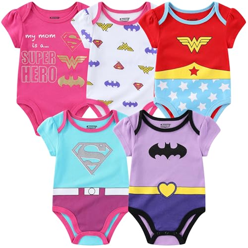 WARNER BROS DC Comics Girls Short Sleeve Bodysuit 5 Pack for Newborn and Infant