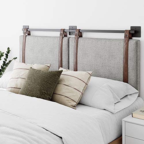 Nathan James Harlow Modern Wall Mount Hanging Upholstered Headboard, Queen, Gray with Brown Faux Leather Straps
