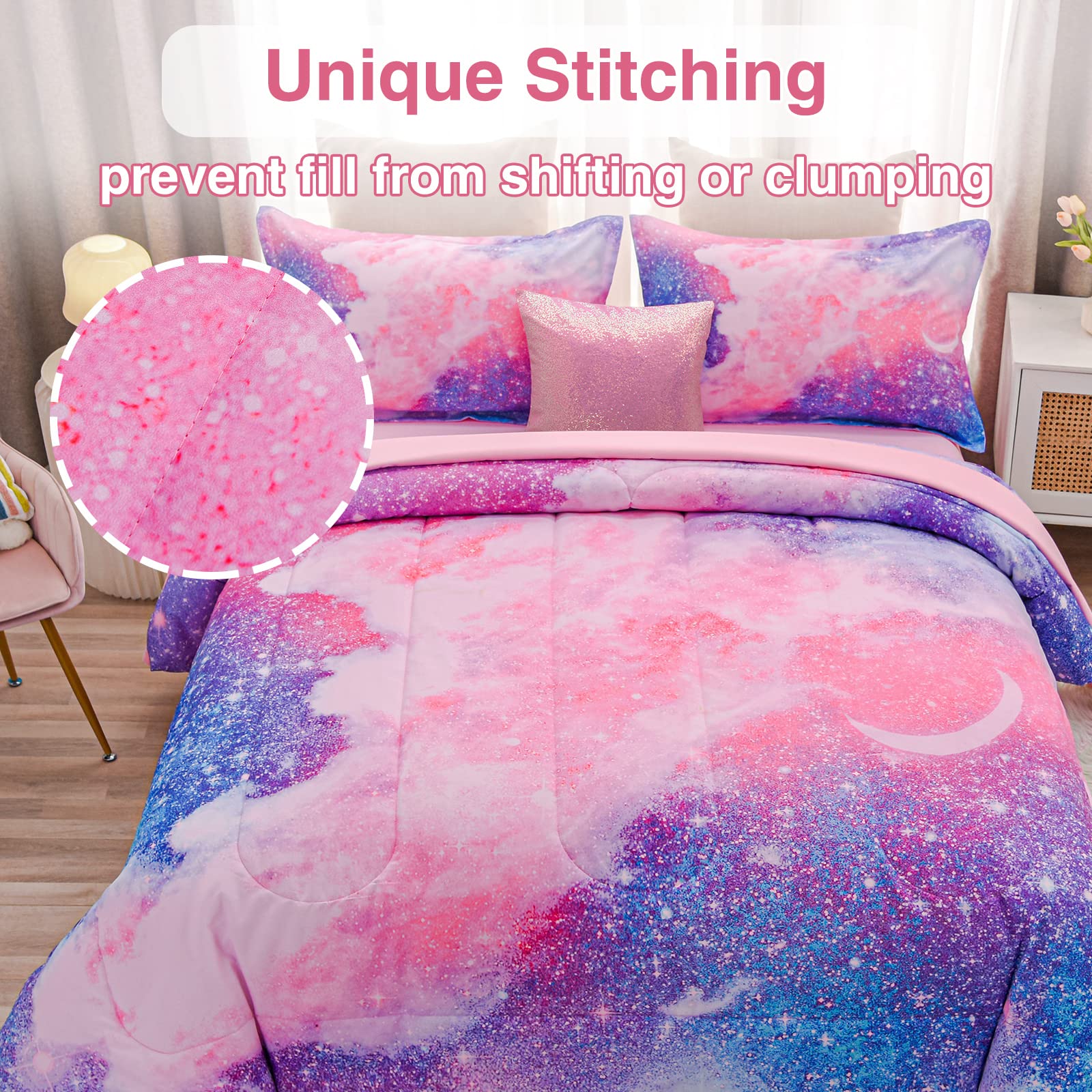 A Nice Night Galaxy Bedding Sets Outer Space Comforter 3D Printed Space Quilt Set Full 6Pcs Glitter Pink,for Children Boy Girl Teen Kids