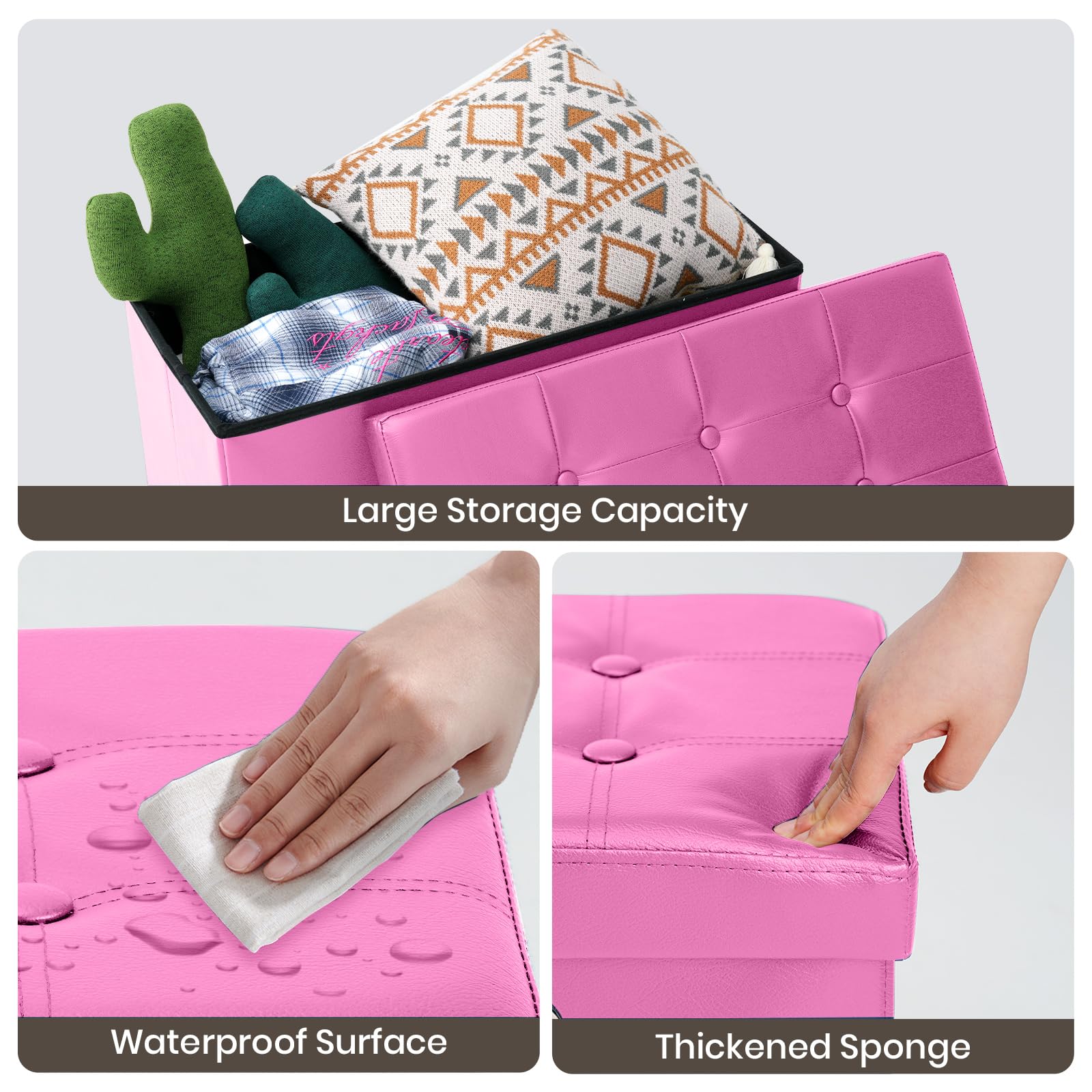 COSYLAND Ottoman Bench with Storage large - 30x15x15in folding Leather Ottoman, Rectangle Foot Stool Foldable Storage Chest Ottoman Footrest Footstool Collapsible with Lid for Bedroom Living Room Pink