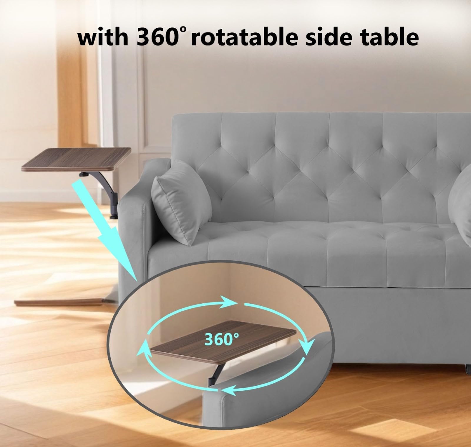 3-in-1 Multi-Functional Velvet Sleeper Sofa Pull Out Bed, 53'' Convertible Sofa Bed with Adjustable Backrest and Pillows, 360 Degree Swivel Side Table for Living Room, Small Space (Grey)