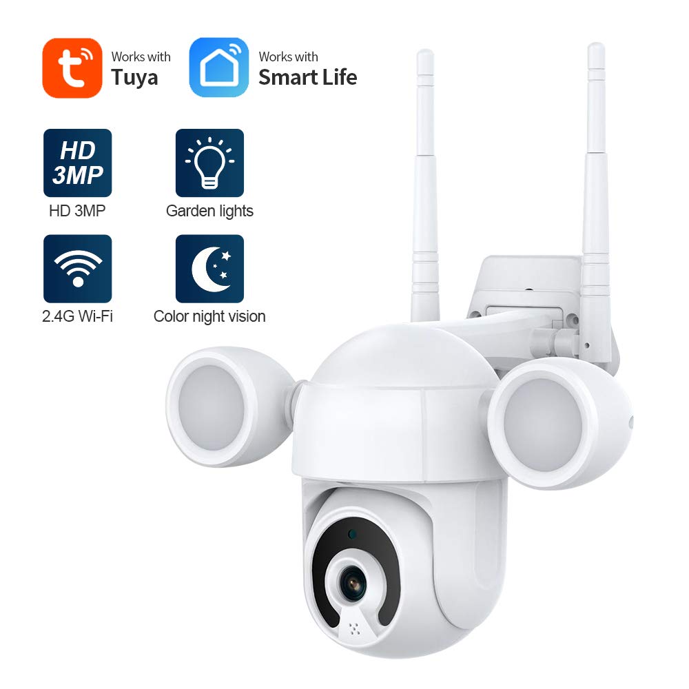 EVERSECU 2K 3Mp Tuya Smart Life Floodlight Outdoor WiFi IP PTZ Security Camera Weatherproof, Motion-Activated Spotlights &Auto-Tracking, Color Night Vision, 2-Way Audio, Work with Alexa & Google Home
