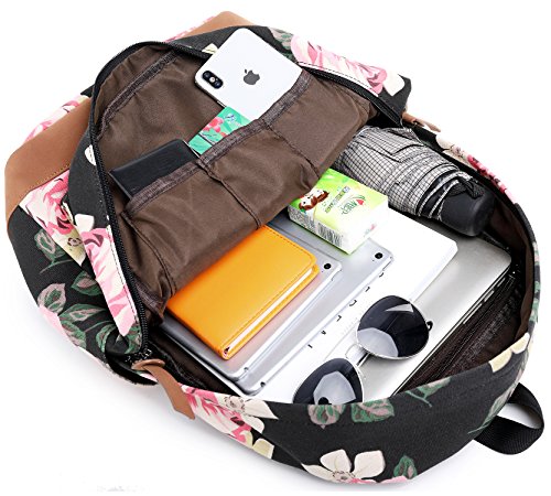 abshoo Floral Backpacks For Girls Canvas School Bookbags Teen Girls Backpacks With Lunch Bag (Floral Black)