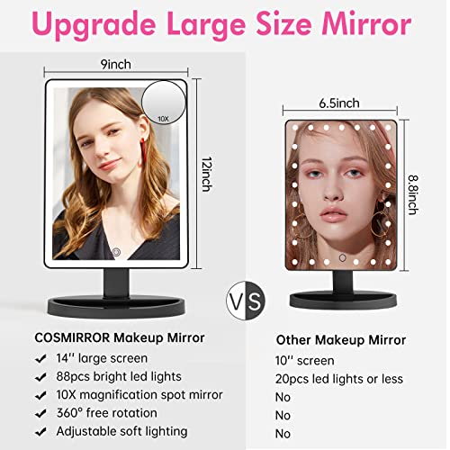 COSMIRROR Large Lighted Makeup Mirror, 14.5in x 9in, 88 LED Lights, 10X Magnification, Touch Sensor Dimming, 360 Rotation Tabletop Personal Beauty Light Up Mirror
