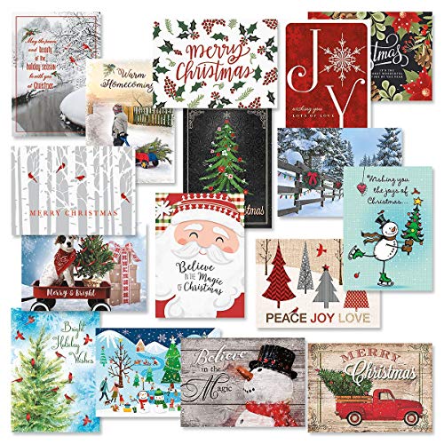 Classic Christmas Card Assortments - Holiday Greeting Cards, Set of 32, Large 5" x 7", Sentiments Inside, Envelopes Included