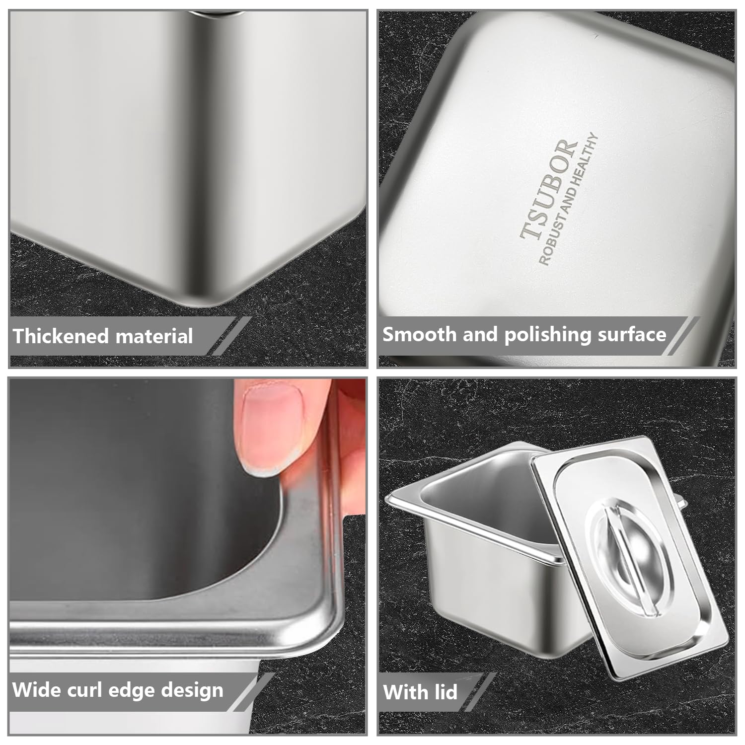 6 Set Stainless Steel Hotel Pans 1/6 Size 4 Inch Deep With Lids, Anti-Jam Chafing Steam Table Pans, Catering Food Storage Metal Pan