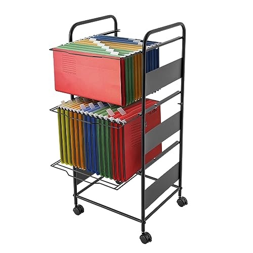 3 Tiers Metal Rolling File Carts with Wheels Hanging Files for Letter Size Movable Pull-Out File Folder Rack Drawer File Cabinet for Home Office