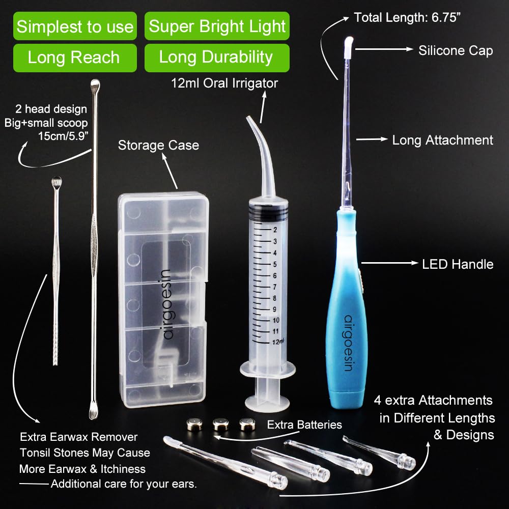 Airgoesin Upgraded 2 Lighted Tonsil Stone Remove Tool Tonsillolith Pick + Irrigation Clean Syringe Fresh Breath Oral Rinse