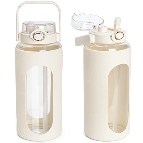 64oz Glass Water Bottles with Straw , Motivational Water Bottle with Silicone Sleeve & Double Drinking Lid Handle, Leakproof & BPA Free Reusable Clear Glass Water Jug with Double Drinking Lids (White)
