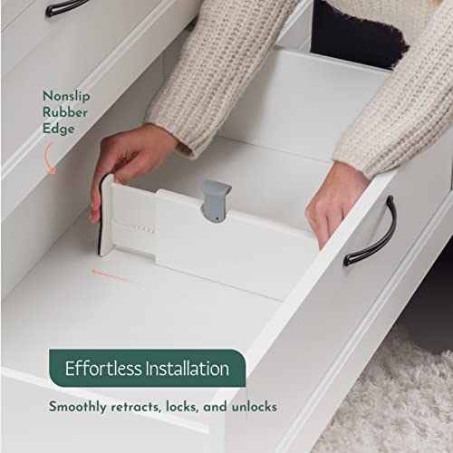 Adjustable Drawer Dividers, [4 Pack] Adjusting Length from 11 Inch - 17 Inch. Tall Drawer Organizers for Clothes, Locks in Place, Use for Bedrooms, Bathroom, Kitchen & Office Organization and Storage.