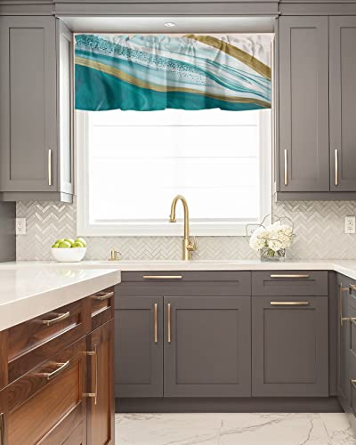 Abstract Curtain Valance for Window,Kitchen Rod Pocket Short Curtains Panel Turquoise White Gold Marble Texture Windows Treatment Drapes for Bathroom Living Room Decor 42x12In Stone Fluid Art