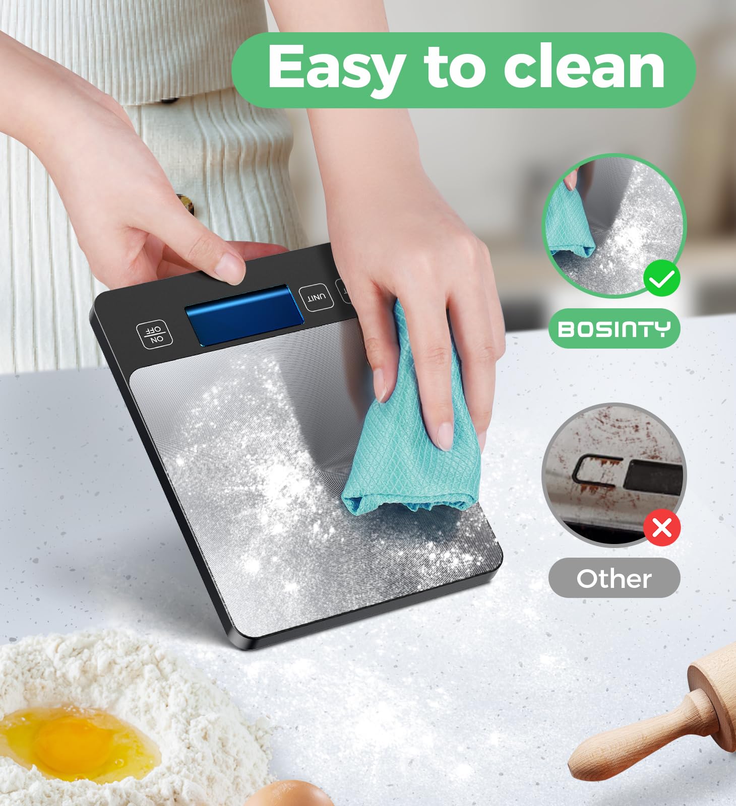 2 in 1 Digital Kitchen Scale for Meal Prep【Dual Power Mode, 33lb Load-Bearing】, Scale for Food Ounces and Grams, CD-Grain Design, Stainless Steel, Easy to Clean-BOSINTY