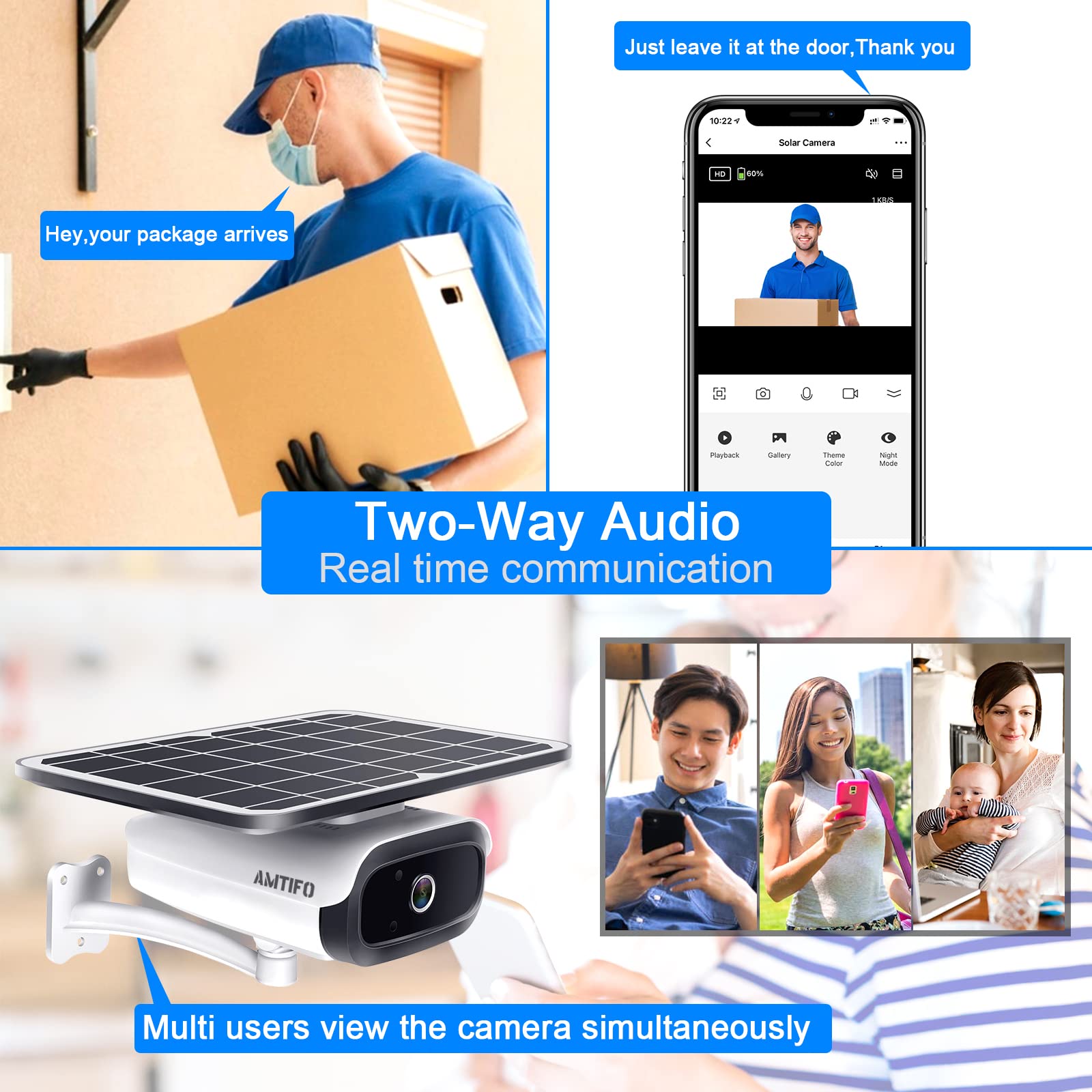 AMTIFO Security Cameras Wireless Outdoor Home Motion Detection Solar WiFi Surveillance Camera System Two Way Audio HD 1080P Video Cam Battery Night Vision W6
