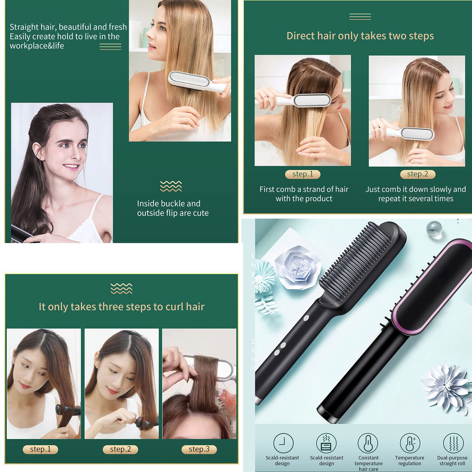 2 in 1 Hair Straightener Brush and Curler for Women and Men - Negative Ion Styling Comb with 5 Temperature Settings, 30s Fast Heating, and Beard Straightening Function