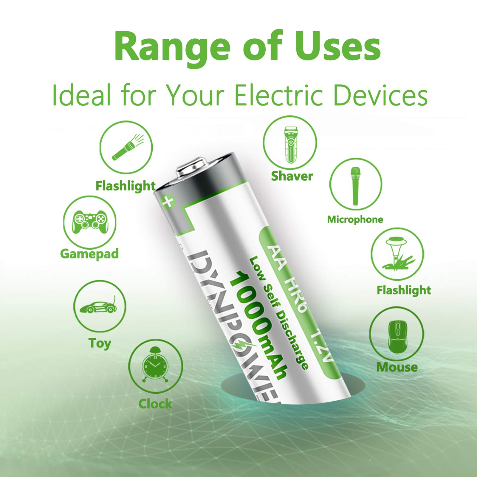 Dynpower NiMH AA 1000mAh Rechargeable Batteries 1.2V,Pre-Charged Double A for Outdoor Solar Lights Garden Light String Lights, (Pack of 8)